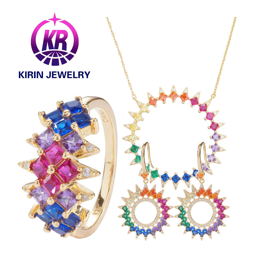Custom Silver CZ Corundum Spinel Multicolor Bridal Rainbow Jewelry Set ...